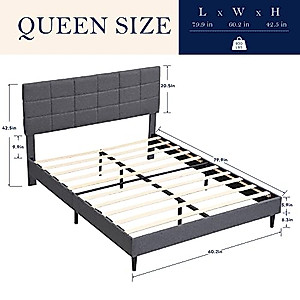 Queen Size Platform Bed Frame with Fabric Upholstered Headboard and Wooden Slats Support, Fully Upholstered Mattress Foundation/No Box Spring Needed/Easy Assembly (Grey, Queen)
