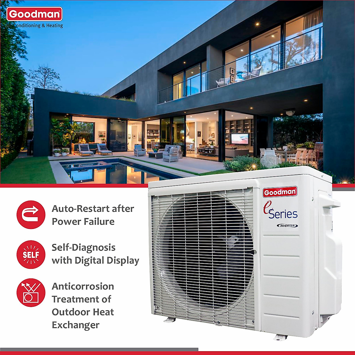 Goodman 18,000 BTU 18 SEER2 Ductless Mini Split Inverter Heat Pump System with Maxwell 15-ft Installation Kit and Wall Mounting Bracket (230v)