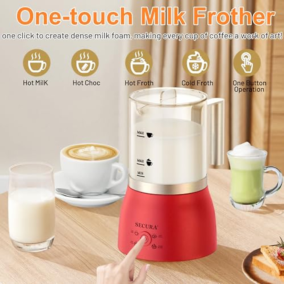 Secura Detachable Milk Frother and Steamer, 17oz Electric Milk Warmer 4-in-1 Hot/Cold Foam Maker for Latte, Macchiato, Hot Chocolate, Glass Milk Jug Dishwasher Safe (Red)