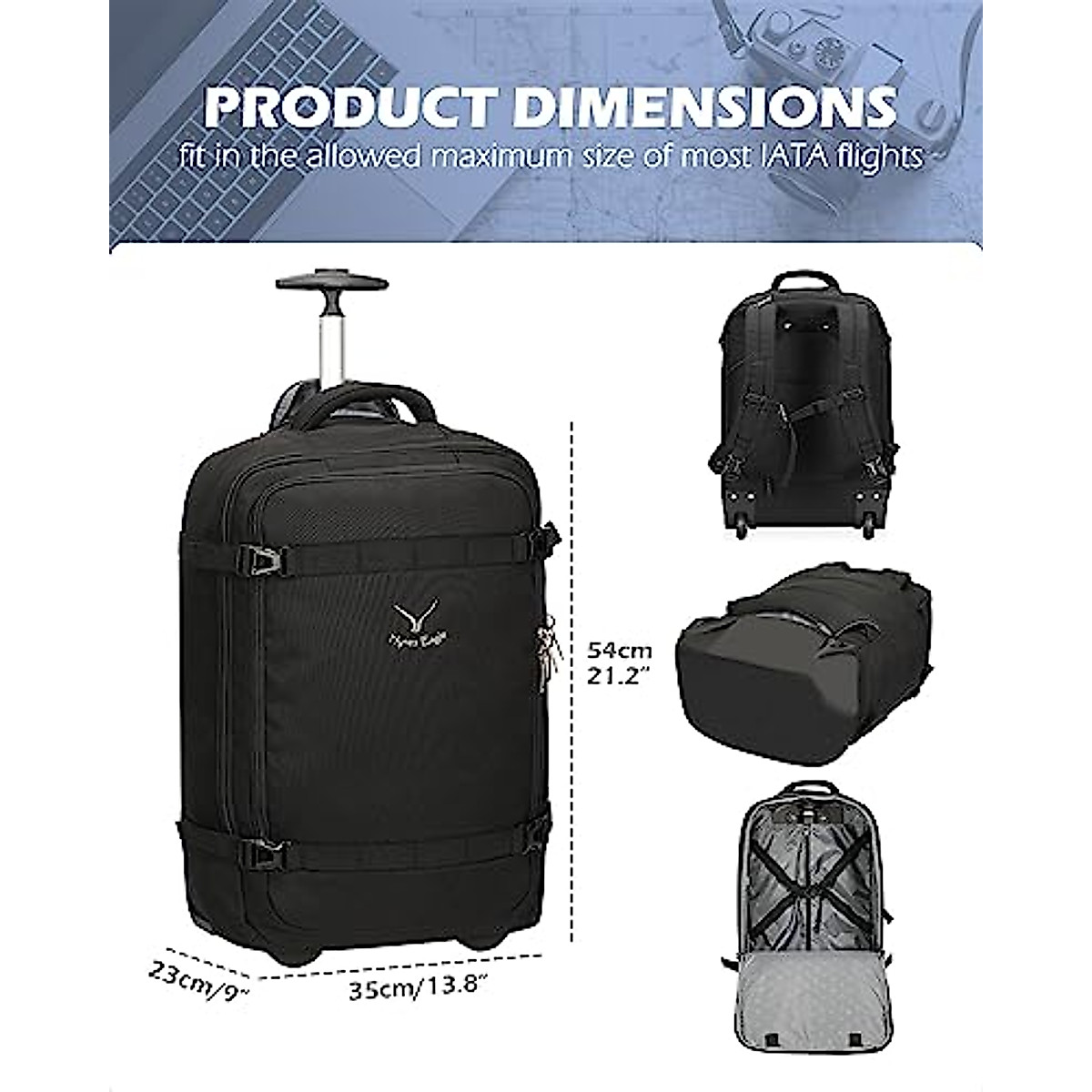 Hynes Eagle Rolling Backpack 42L Backpack with Wheels Airline Approved Carry on Luggage Laptop Travel Backpack for Women Men Black-2023