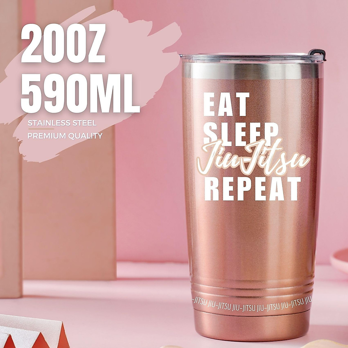 Onebttl Jiu jitsu Gifts for Women, Travel Mug for Jiu-Jitsu Lovers, Daughters, Instructors - Eat Sleep Jiu-Jitsu Repeat, Stainless Steel 20Oz Tumbler, Rose Gold