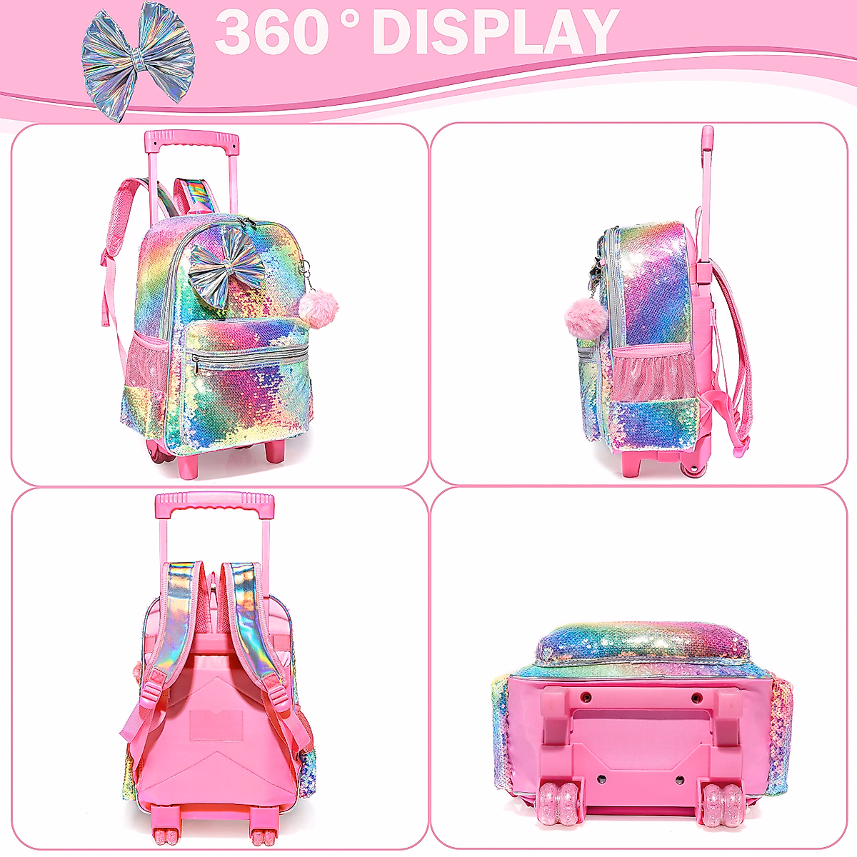 Rolling Backpack for Gilrs Backpacks with Wheels Kids Wheeled Sequin Suitcase Trolley Trip Luggage for Elementary School Student with Lunch Box Pencil Case for Kids 5-12 Years Old Cute Bowknot