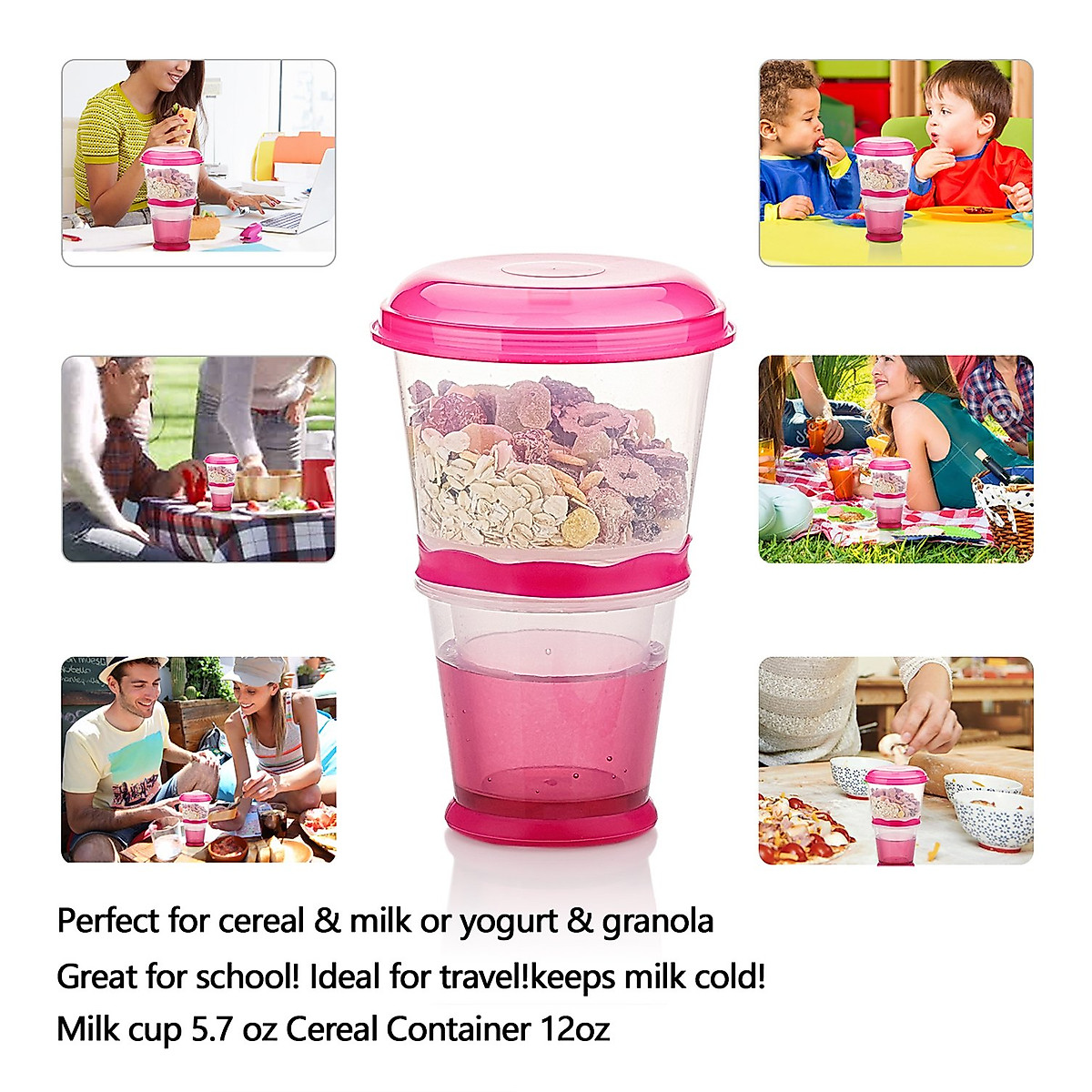 Cereal To Go, Cereal Container, Cereal On The Go Go Cereal Box Storage Container Cups Milk Yogurt Keeper Holder With Spoon (Pink)