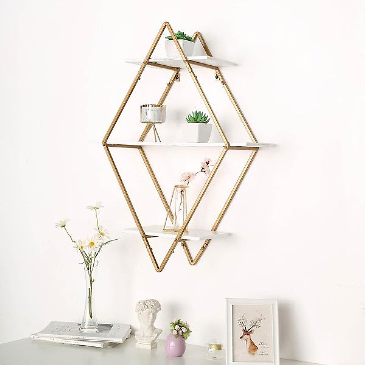 Efavormart 31" Geometric Diamond Shaped 3-Tier Gold Metal Dessert Cupcake Stand Rack, Wall Hanging Display Shelf Display, Book Shelf with White Wood Panels