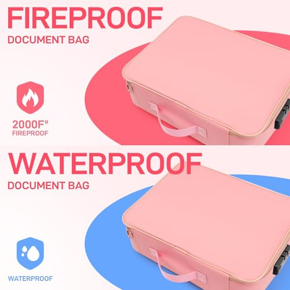 Sgorlds Fireproof Document Bag with Lock, Important Document Organizer Home Office Travel Safe Bag, 3 Layer Portable Filing Storage for Waterproof File Passport Certificates Legal Documents Pink