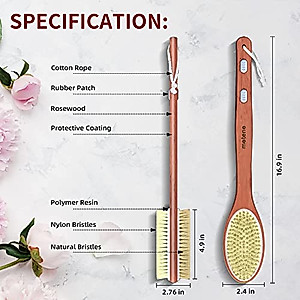 Metene Shower Brush with Upgrade 17-inch Rosewood Handle, Double-Sided Body Brush with Stiff and Soft Natural Bristles for Wet or Dry Brushing, Back Scrubber for Gentle Exfoliating and Clean Easily