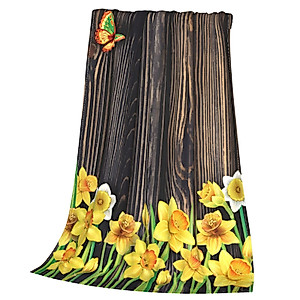 Oplp Spring Flowers Daffodils Throw Blanket for Bed Sofa Couch Wooden Background Fleece Blankets Lightweight Soft Cozy 50"x40"