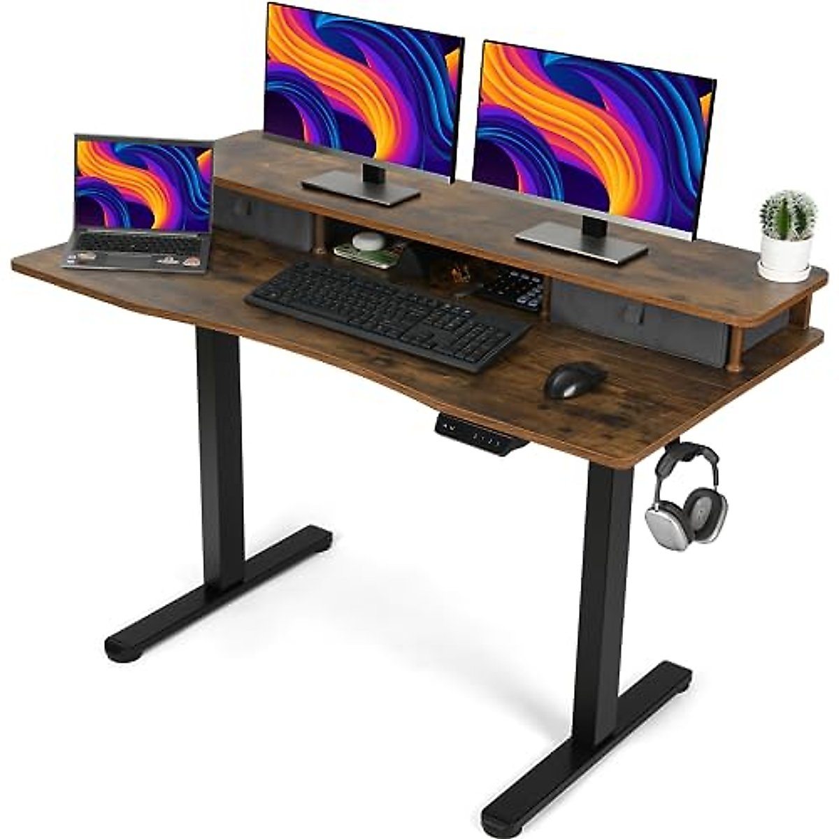 VOWNER Standing Desk Adjustable Height, 48 x 24 Inch Electric Stand up Desk with 2 Drawers and 2 Tier Storage Shelf, Sit Stand Home&Office Desks with 3 Preset Buttons, Rustic Brown Top