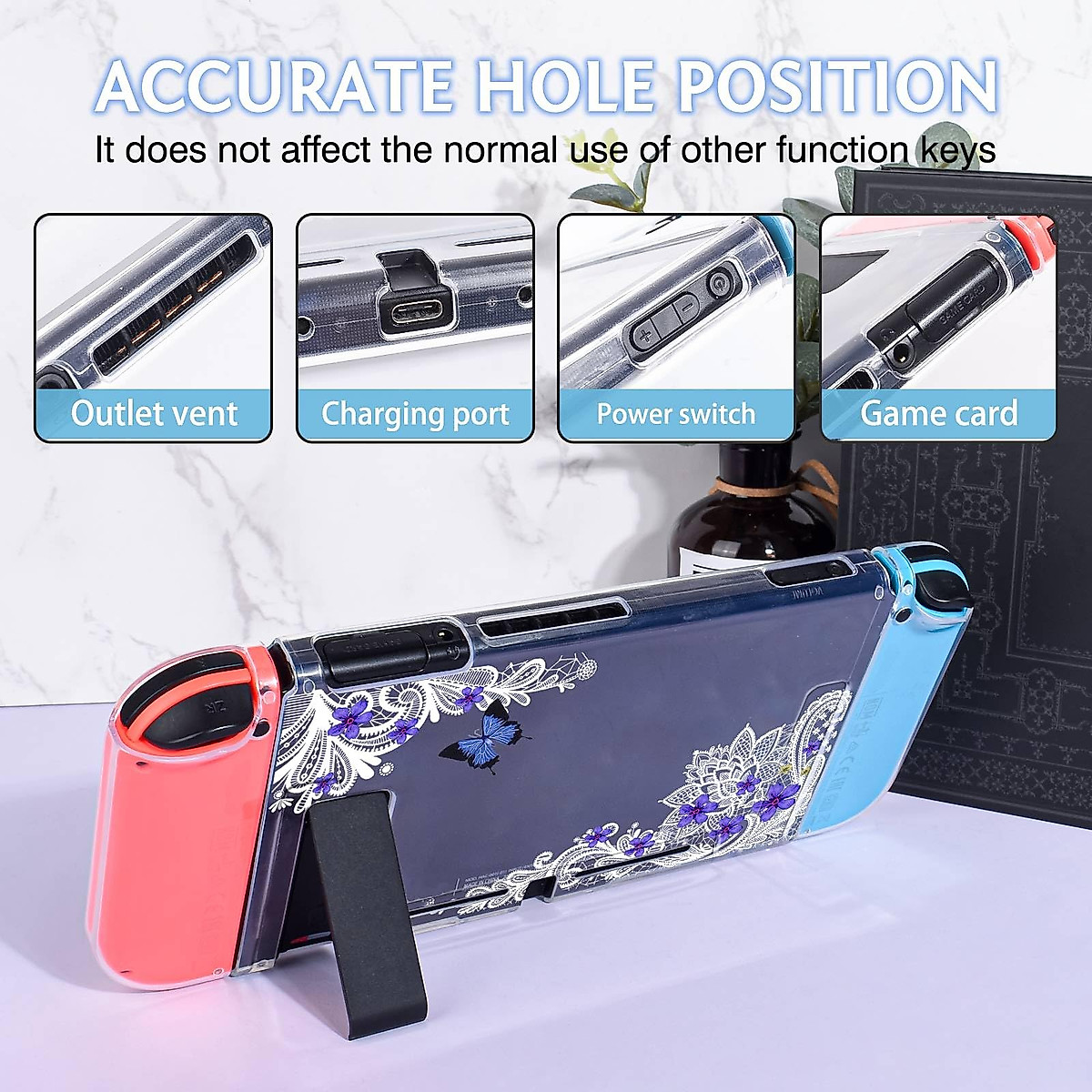 DLseego Purple Butterfly Flower Floral Switch Case 2017 Version Anti-Scratch Dockable Console Clear TPU Shell Romantic Soft Shock-Absorption Joy Con Cover For Regular Switch