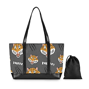 Cute Tiger Laptop Tote Bag for Women Travel Work Bag Handbags Purse Canvas Teacher Tote Bags with Fashion Zipper