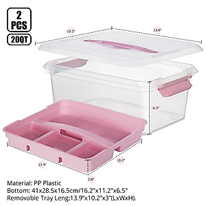 2-Pack Craft Organizers and Storage Boxes, 20 QT Playdoh storage box with Frosted Lid & Removable Tray, Pink Multi-Purpose Organizer for Toys, Crafts, Tools, Bead