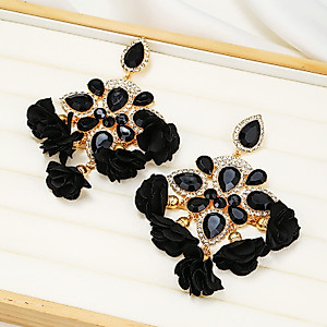 BOBOWINGS Black Earrings for Women, Big Crystal Rhinestones Flower Tassel Dangle Balck and Gold Statement Handmade Earrings Trendy