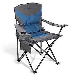 ARROWHEAD OUTDOOR Portable Folding Camping Quad Chair w/Added Ultra-Comfortable Padding, Cup-Holder, Heavy-Duty Carrying Bag, Padded Armrests, Supports up to 330lbs, USA-Based Support (Blue & Gray)
