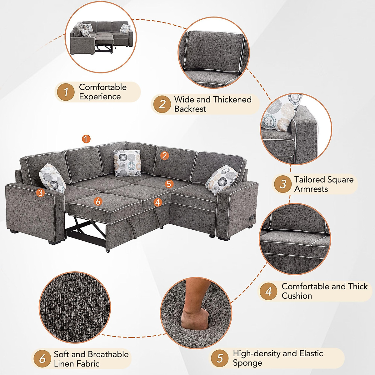 Pull Out Couch Sectional Sleeper Sofa L Shaped Convertible Sofa Bed with 2 USB Ports, 2 Power Sockets and 3 Pillows for Living Room, Bedroom, Office, 83" Brown