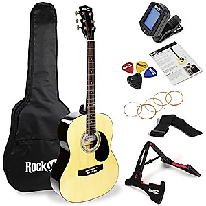 RockJam Acoustic Guitar Superkit Includes Stand, Gig Bag, Tuner, Picks, Plectrum Holder, Spare Strings & Online Lessons 6 Pack, Right, Natural, Full (RJW-101-N-PK)