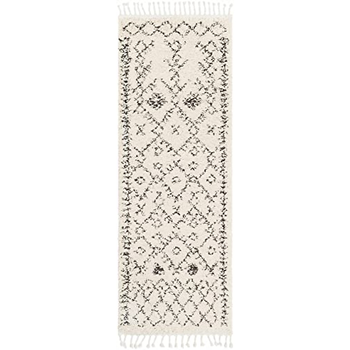 Hauteloom Berber Shag - Godalming Farmhouse Living Room Bedroom Area Rug with Tassel - Fluffy Plush High Pile Carpet - Soft Shaggy Rug, Moroccan Trellis - White, Beige, Cream, Black - 5'3" x 7'3"