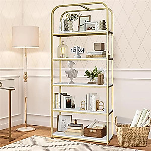 TooCust 5-Tier Gold Bookcase, 29.5" Lx70.6 H, Bookshelf for Bedroom,Gold Book Display Shelf, Arched Bookcase, Organizer Rack for Living Room, Gold Freestanding Display Shelf,White and Gold Bookshelf