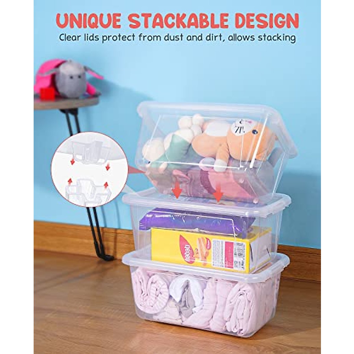 GAMENOTE Plastic Storage Bins with Lids - 5 Qt, 6 Pack Clear Small Stackable Cubby Storage Organizer Containers for Organizing (11.7 × 7.1 × 5.1 inches)