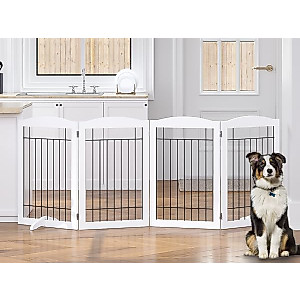 Spirich Free Standing Foldable Wire Pet Gate for Dogs, 80 inches Extra Wide, 30 inches Tall 4 Panels Dog Gate for the House, Doorway, Stairs, Pet Puppy Safety Fence,Set of Support Feet Included, White