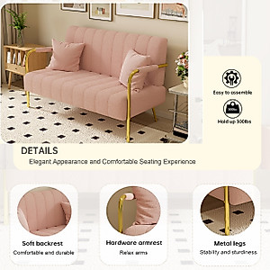 Klwenas Maec 59" Modern Cashmere Loveseat Sofa,Tufted Small Love Seat w/2 Pillows Golden Chrome Legs,2-Seater Upholstered Mini Sofa Couches for Small Space,Living Room Home Office (Pink)