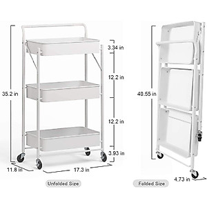 3 Tier Rolling Cart Foldable Storage Cart with Wheels No Assembly Request Kitchen Utility Organizer with Handing Cup, White