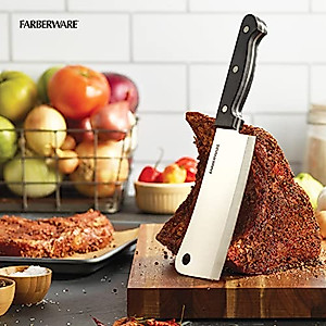 Farberware Stamped Triple Rivet High Carbon Stainless Steel Kitchen Cleaver with Contoured Handle, 6-Inch, Black,5099687