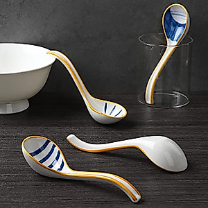 Ceramic Soup Spoons Set of 4 Porcelain Japanese Soup Spoon Long Handle Asian Soup Spoon Sets for Pho Ramen Noodles Wonton Dumpling Rice (Model 1#)