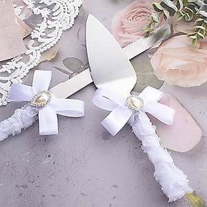 ATAILOVE Wedding Cake Knife and Server Set, White Lace Stainless Steel Cake Knife Serveing, Wedding Knife Set for Bride and Groom