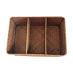 DOITOOL Wicker Storage Basket Coffee Station Organizer Handwoven Natural Seagrass Storage Baskets Rectangular Handmade Wicker Baskets 3 Section Tray Wicker Storage Basket Coffee Station Organizer