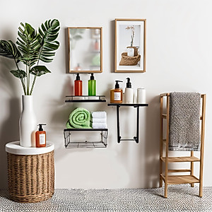 PSUTBPAT Bathroom Shelves Over Toilet for Wall，Floating Shelves Over Toilet Paper Holder，Wall Mounted Rustic Wood Storage Basket Shelves for Bedroom，Living Room & Kitchen, Black