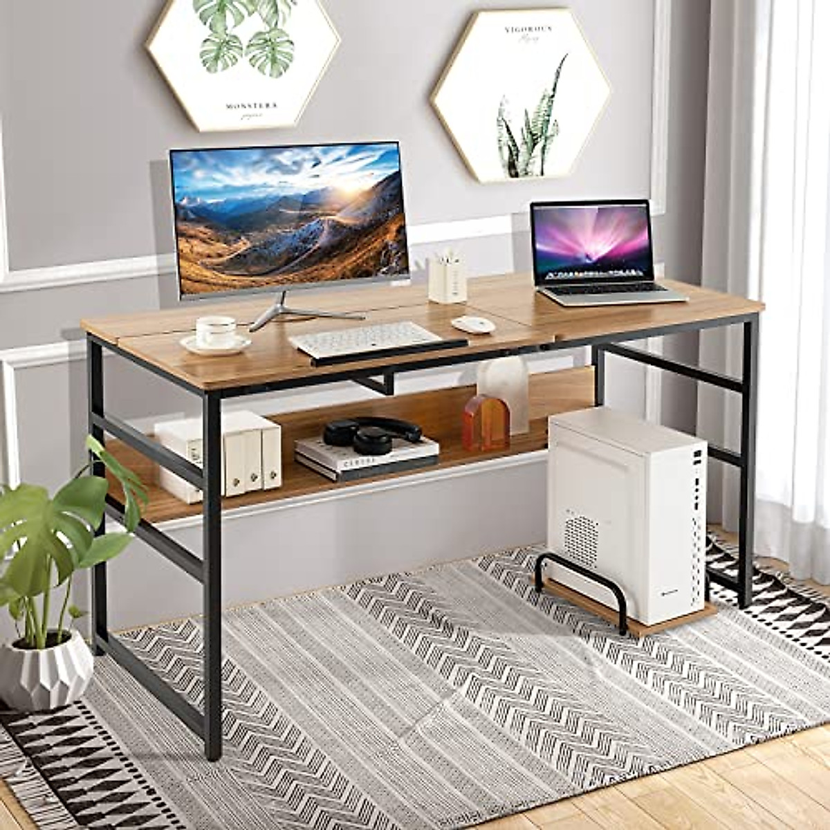 Tangkula 55-Inch Computer Desk, Drafting Table with Tiltable Desktop for Drawing Writing Reading Studying, Multifunctional Art Desk Craft Workstation with CPU Stand & Storage Shelf for Home Office