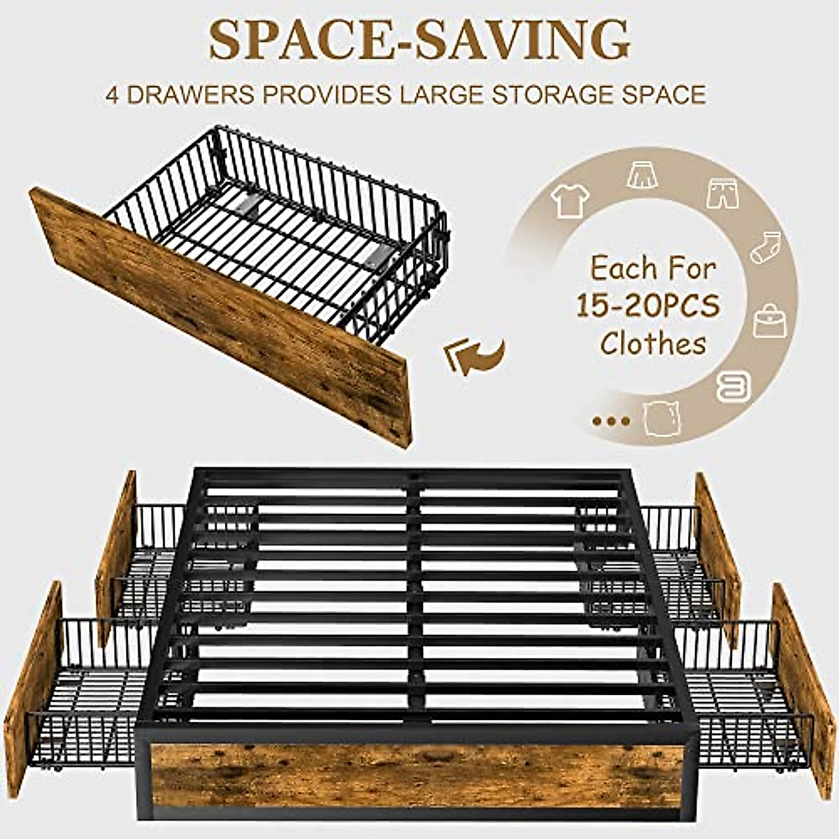 Pliwier Bed Frame with 4 Drawers, Metal Platform Bed Frame Queen Size, 11 Heavy Duty Metal Slats Support, No Box Spring Needed, Space Saving, Noise-Free, Easy Assembly (Queen (U.S. Standard))