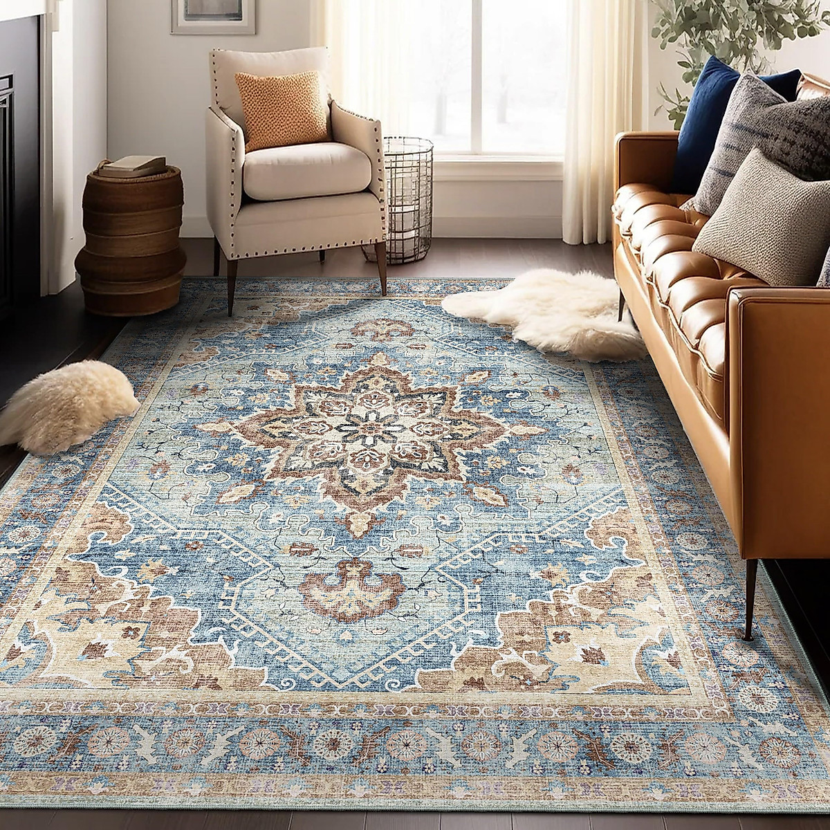 VOTOWN HOME Area Rug 6'x9' - Vintage Design Washable Living Room Rug with Non-Slip Rubber Backing, Non-Shedding, Faux Wool Vintage Boho Area Rug for Bedroom, Dining Room and Laundry Room
