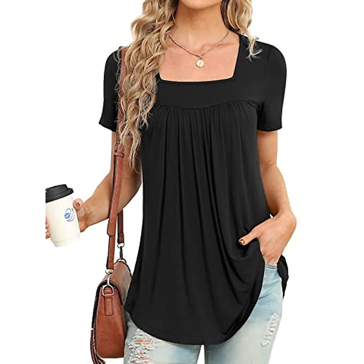 Xpenyo Elegant Square Neck Tunic Tops for Women Short Sleeve Tshirts and Blouses Black L