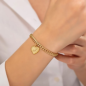GLIJWELE Initial Gold Charm Bracelets for Women, 14k Gold Filled Cuban Gold Charm Bracelet for Women Heart Initial C Bracelet Gold Charm Bracelet Gold Jewelry Gifts for Women