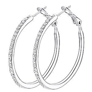 Silver Hoop Earrings, Rhinestone Cubic Zirconia Hoops Fashion Jewelry White Gold Plated Big Hoop Earrings for Women