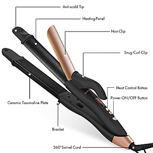 AmoVee Travel Curling Iron, 1.25 Inch Hair Straightener Curling Iron, 2 in 1 Flat Iron Ceramic Tourmaline, Dual Voltage Curling Iron, Adjustable Temp, Rose Gold