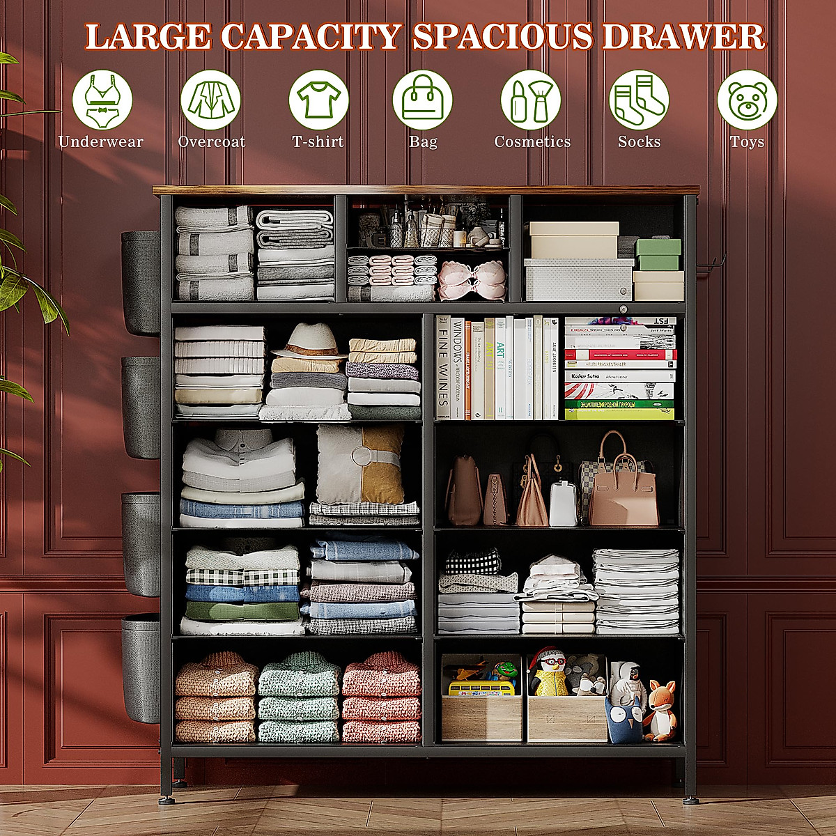 Lulive Dresser for Bedroom with 12 Drawers, Tall Dresser Chest of Drawers with Side Pockets and Hooks, Fabric Dresser Storage Tower for Closet, Hallway, Living Room (Rustic Brown)
