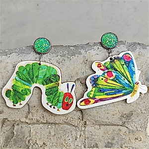 Dreuyet Handmade Earring Teacher Earrings Acrylic Cartoon Animal Drop Earrings Hungry Caterpillar Earring for Women Reading Teachers Gift (C Caterpillar)
