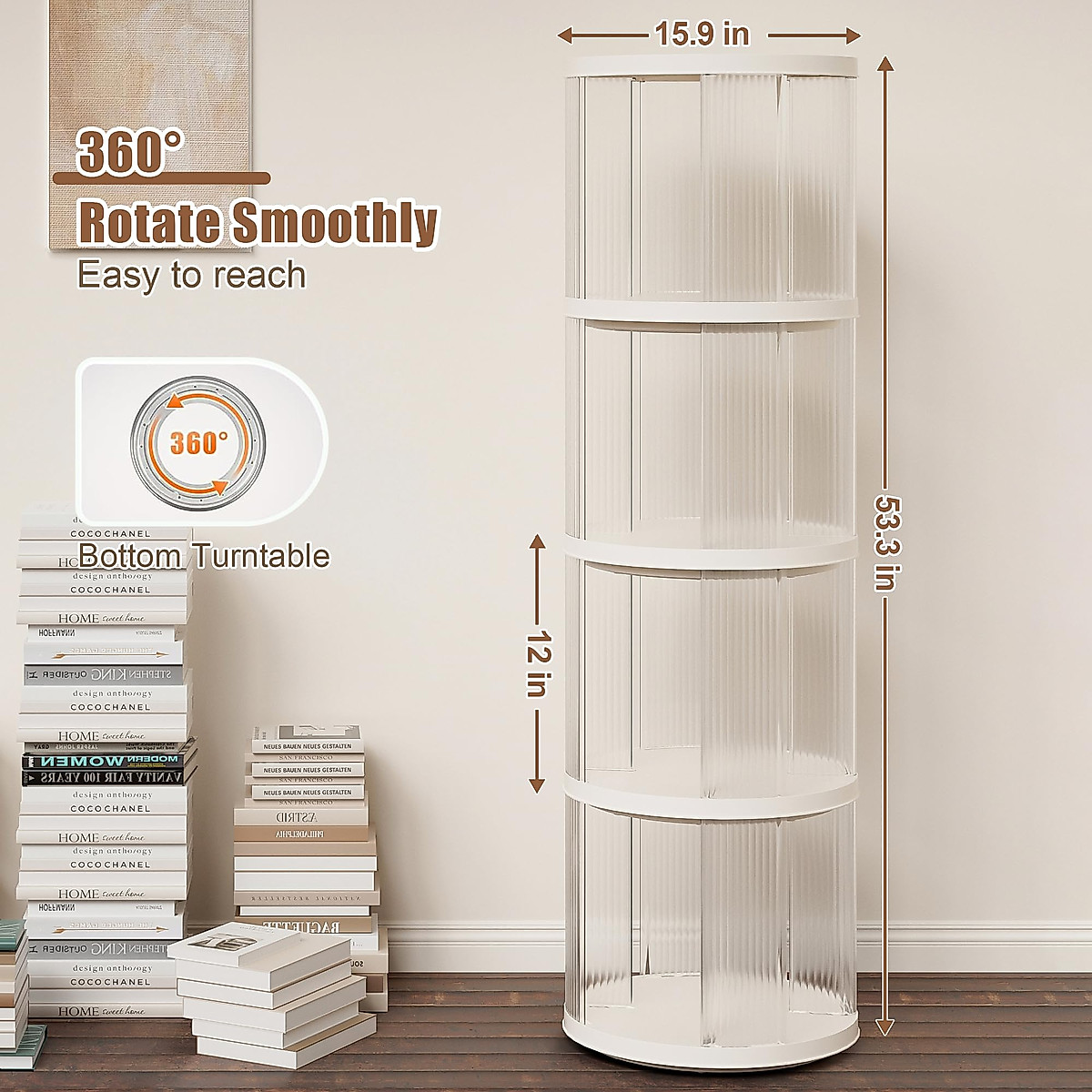 Sybrioka 4 Tier Rotating Bookshelf 360 Degree Swivel Bookcase, Clear Acrylic Round Spinning Book Shelf Organizer, Corner Display Shelf for Kids Bedroom, Living Room (4 Tier)