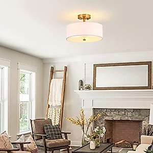 Ludil 3-Light Semi Flush Mount Ceiling Light Fixture, 13" Gold Drum Light Fixture, Modern Close to Ceiling Light with White Fabric Shade Lamps for Bedroom Living Dining Room Kitchen Hallway Entryway
