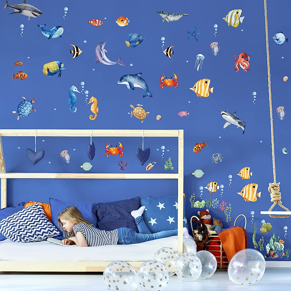 149 Pieces Ocean Animals Wall Decals Jellyfish Wall Stickers Removable Fish Under The Sea View Animals Peel and Sticks Wall Art Decor for Kids Baby Bedroom Living Room Nursery Classroom Decoration