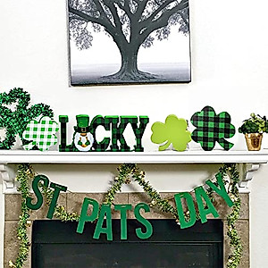 BOBOBOX 3 Pcs St Patric Day Table Signs Decoration, Shamrock Wooden Lucky Table Decor Irish Freestanding Tiered Tray Tabletop Decorations for St. Patrick's Day Party Home Table Decor