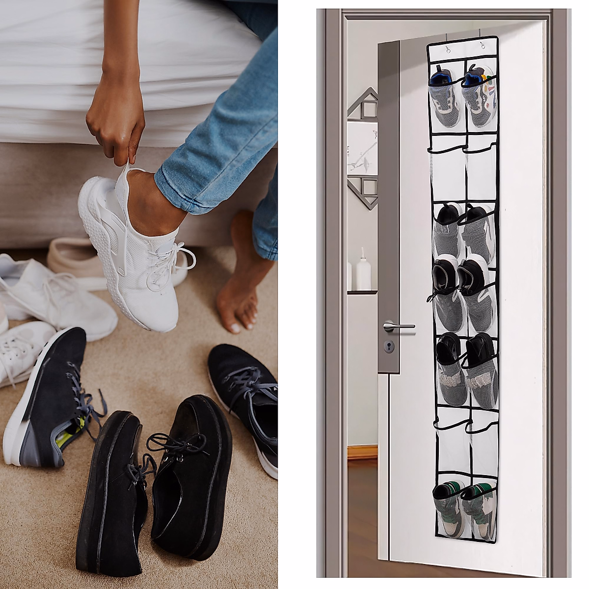 PVWSG Over The Door Shoe Organizer, 14 Large Mesh Pockets Hanging Shoe Rack for Closet Organizers and Storage, White, 2-pack (white)