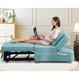 SEJOV Sleeper Sofa Chair Bed,4-in-1 Convertible Sofa Bed Chair with 6 Adjustable Backrest and Pillow, 3-Seat Pull Out Sleeper Chair Linen No Backrest for Bedroom Small Space Living Room, Sky Blue
