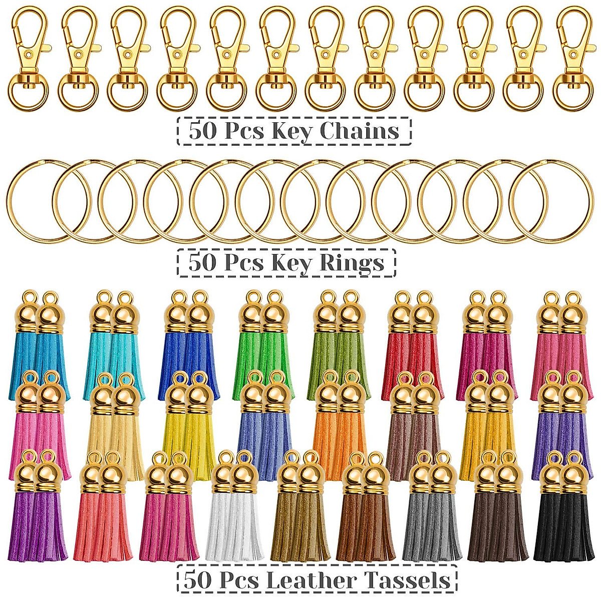 Tassels for Crafts, Anezus 100Pcs Keychain Tassel Set Including 50Pcs Tassels, 25Pcs Lobster Clasp Keychain and 25Pcs Keychain Rings Bulk for Acrylic Blank Keychains, Shrinky Film Artand Crafts (Gold)