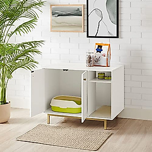 Hzuaneri Cat Litter Box Enclosure, Hidden Litter Box Furniture, Wooden Pet House Side End Table, Storage Cabinet Bench, Fit Most Cat and Litter Box, Living Room, Bedroom, White and Gold 01503GCLB