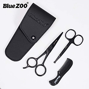 BlueZOO Beard Mustache Scissors and Comb Kit with PU Storage Bag, Rounded Safety Nose Hair Scissor for Men and Women Care Grooming, Ear Trimming Tool, Shears for Personal Grooming, Cutting & Styling