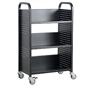HHAA HA Library Rolling Book Cart with 3 Flat Shelves,Book Truck with Swivel Lockable Casters for Home,Office and School (Black)