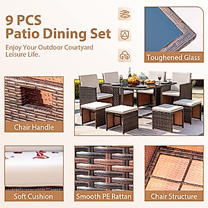 Homall 9 Pieces Dining Outdoor Furniture Patio Wicker Rattan Chairs and Tempered Glass Table Sectional Conversation Set Cushioned with Ottoman (Brown)